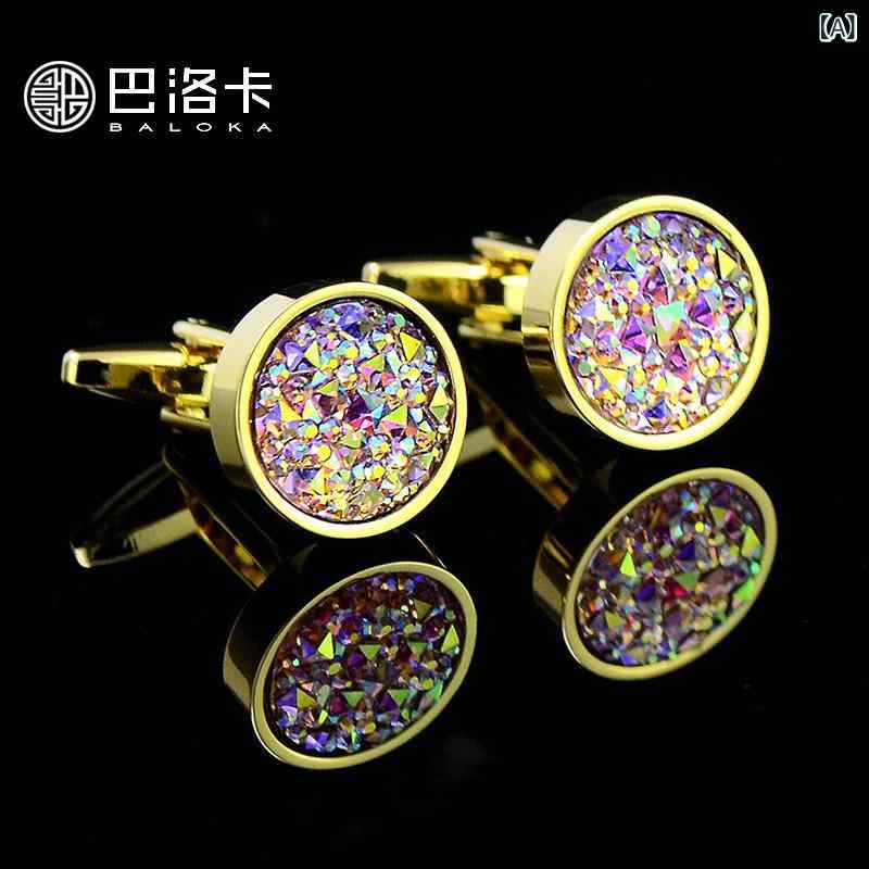 カフスボタン メンズ ブルー 水晶 クリスタル ラインストーン 虹色 幻想カラー フォーマル シャツ袖口 高級感 ビジネス スーツアクセサリー 軽量 輝き 装飾品・素材: 水晶・カラー展開: 金色幻彩水晶钻.銀色藍魅水晶钻.銀色七彩水晶钻