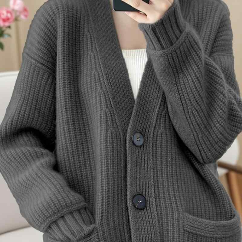 レディース Vネック 粗編み ニット カーディガン ゆったり オーバーサイズ 加厚 羊毛 ウール 混紡 暖か ポケット付き 春秋 フィット カジュアル アウター トップス・・シルエット: ゆったり型・詳細: ポケット・袖形状: 標準・主な素...