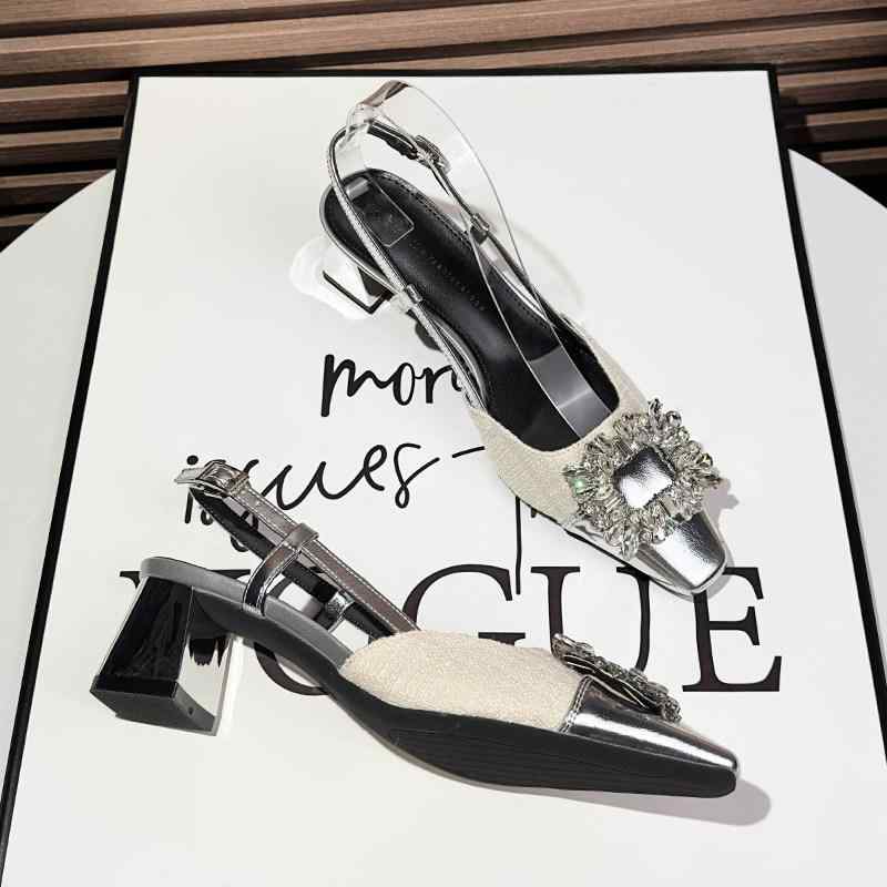 サンダル レディース 夏用 ストラップ 太ヒール ラインストーン カラーブロック オープンバック クローズドトゥ ハイヒール エレガント スタイル カジュアル 普段使い 快適 フィット・カテゴリ: サンダル・スタイル: 韓国・要素: 浅口....