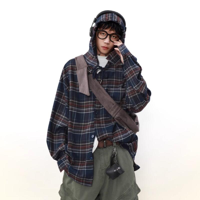 メンズ シャツ レトロ チェック柄 コントラストカラー フード付き 長袖 ゆったり カジュアル ストリート フィット アウター 普段使い トップス・スタイル: ゆったり・厚み: 普通・袖丈: 長袖・襟型: フード・柄: チェック・サイズ展開...