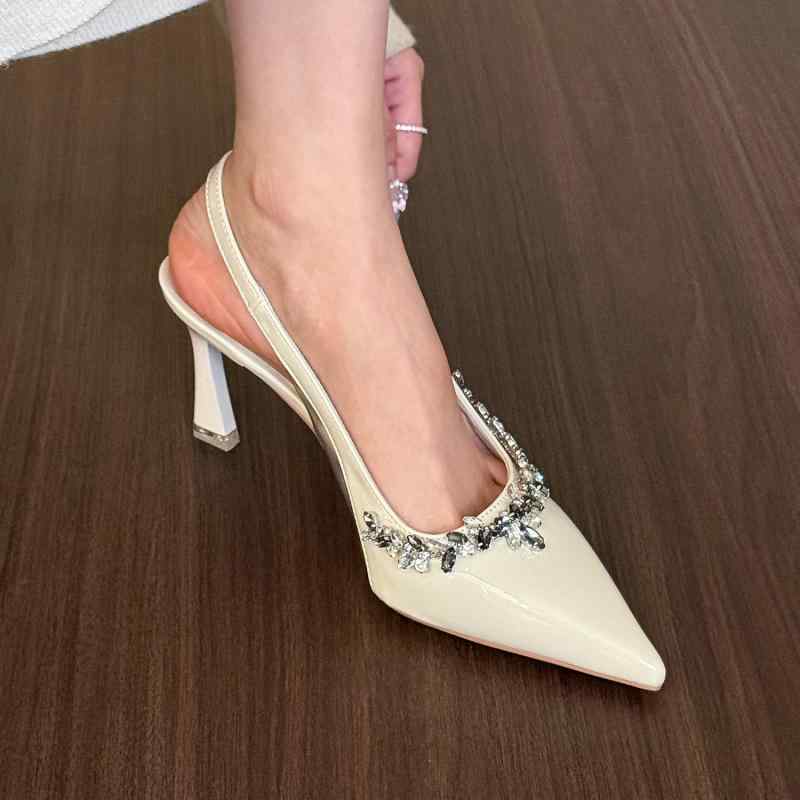 ウェディングシューズ レディース アイボリー ラインストーン ハイヒール バックオープン ローカット パンプス 春 結婚式用 軽量 伸縮性 女性向け フォーマル 足元華やか ベージュ系 クリスタル装飾 細ストラップ 快適フィット・スタイル:...