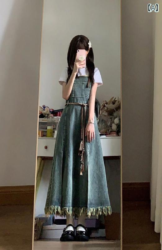 ワンピース レディース デニム 吊りスカート 夏 フレンチ レトロ カレッジ風 スリット ゆったり ミドルレングス スリム 見せ 軽量 伸縮性・サイズ展開: S.M.L.XL・柄: 無地・スタイル: フレンチ・ネックライン: スクエアネック...