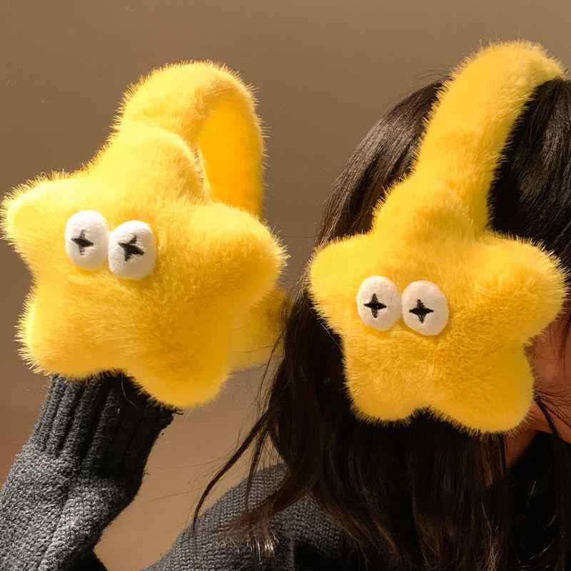 イヤーウォーマー 女性用 イエロー 星柄 プラッシュ 秋冬 サイクリング 保温 厚手 防寒 耳カバー かわいい 暖か 風防 フードレス 普段使い・カラー展開: 黄色