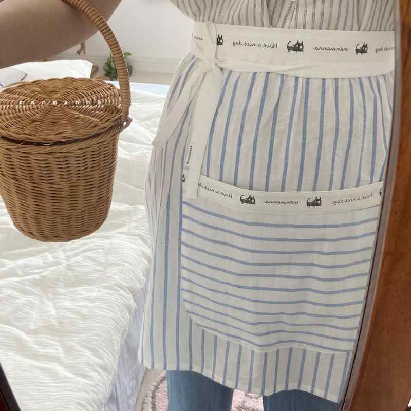 エプロン 半身エプロン ブルー ストライプ 猫柄 かわいい 綿100% 紐付き キッチン用 普段使い 軽量 吸湿性 部屋着 コーディネート・カテゴリ: 無袖エプロン・スタイル: 韓国・柄: 卡通・主な素材: 綿100%・サイズ展開: 均一