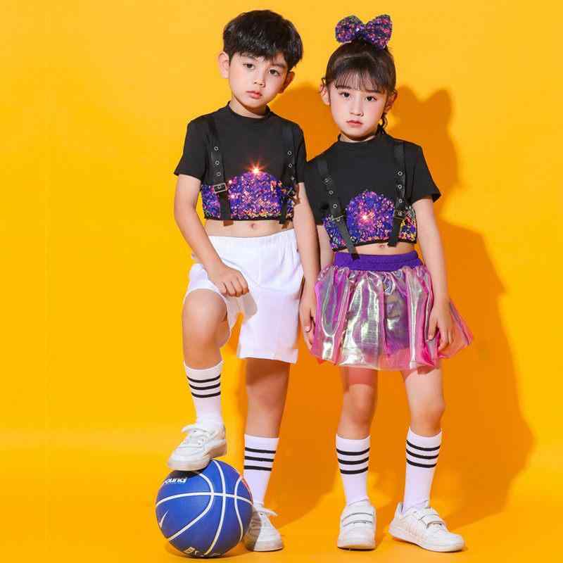 キッズ ダンス衣装 ジャズダンス チアリーディング ストリートダンス 幼稚園 発表会 パフォーマンス服 男女兼用 スパンコール キラキラ 伸縮素材 軽量 動きやすい・スタイル: ヒップホップ・性別: 男女共用・適用年齢: 4歳.5歳.6歳....