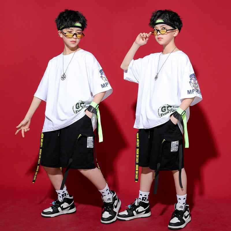 キッズ ストリートダンス 夏用 ステージ衣装 男女兼用 ゆったり ヒップホップ スタイル パフォーマンス 練習服 ドラム トレーニング ウォーキングショー 軽量 吸湿速乾 カジュアル・スタイル: ヒップホップ・素材: 綿麻・対象性別: 男・...