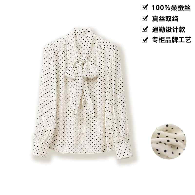 フレンチ ドット柄 リボン 　 ブラウス レディース トップス 高級感 軽量 女性用 シャツ 絹素材 ポルカドット フリル 普段使い 春夏 秋冬 通勤 通年・スタイル: カジュアル・版型: スリム・主な素材: 桑蚕糸100%・袖丈: 長袖・...