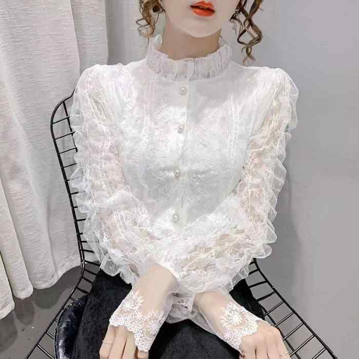 レディース 秋冬 シャツ ブラウス スタンドカラー レース インナー フレンチスタイル ユニーク 洗練 レイヤード フェミニン 軽量 伸縮性 コットン混 長袖 Vネック風 ピンク系 グレー系 ブラック・サイズ展開: M.L.XL.2XL・柄...