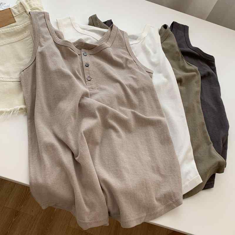 レディース タンクトップ 夏用 薄手 ゆったり インナー ビッグシルエット カジュアル トップス フィット 普段使い 軽量 吸湿速乾・柄: 無地・スタイル: ベーシック・装飾: ボタン・カラー展開: 白.ダークグレー.ライトカーキ.レトログ...