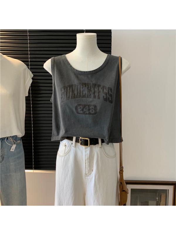 レディース タンクトップ キャミソール 夏用 薄手 ワイドショルダー ストラップ 大きめ サイズ レトロ風 アルファベット プリント ウォッシュド 古着風 カジュアル ゆったり シルエット 日常使い・・シルエット: ゆったり・セット: 単品...