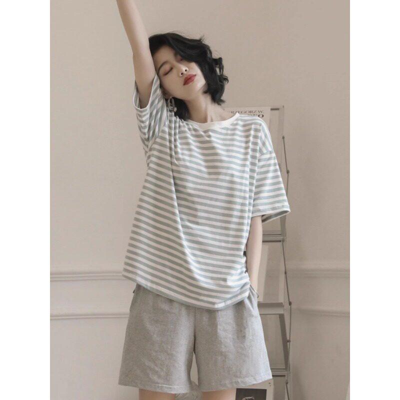 パジャマ レディース ストライプ 短袖 夏用 薄手 ゆったり 大きめサイズ カジュアル ショートパンツ 2点セット 部屋着 ルームウェア 就寝着 リラックスウェア 通気性 吸湿速乾・スタイル: シンプル・袖丈: 短袖・ネックライン: クルー...