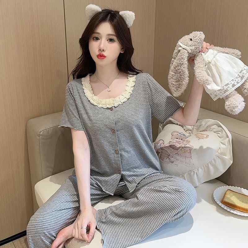 レディース 夏用 ルームウェア モダール素材 セクシー パッド入り 半袖 ロングパンツ セット ストライプ 高級感 軽量 通気性 吸湿速乾 部屋着 外出着・スタイル: 甘美・パンツ丈: ロングパンツ・主な素材: モダール・主素材重量: 20...