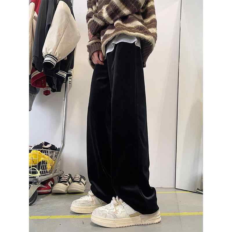メンズ パンツ ブラック ベルベット オーバーサイズ ワイドレッグ ストレート ドレープ カジュアル ストリート 秋 ゆったり 快適 普段使い 軽量 伸縮性・サイズ展開: M.L.XL.2XL・柄: 無地・ウエスト: 高腰・カラー展開: ブ...