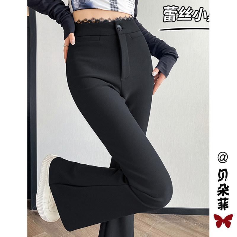 パンツ レディース ブラック レース 縁 フレア スーツパンツ 春 スリム フィット スリム 効果 テーラード ズボン 通勤用 軽量 伸縮性 ハイウエスト ビッグシルエット 接触冷感 吸湿速乾 再生繊維 デニム 風 形状 ブラック系 春夏 ...