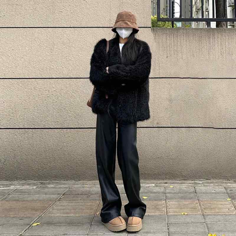 レディース パンツ ワイドレッグ ハイウエスト ストレート レザー ブラック マット 高級感 秋冬 ゆったりシルエット カジュアル ボトムス 合成皮革 伸縮性 通勤用 普段使い・対象年齢: 18-24歳・サイズ展開: S.M.L.XL.2X...