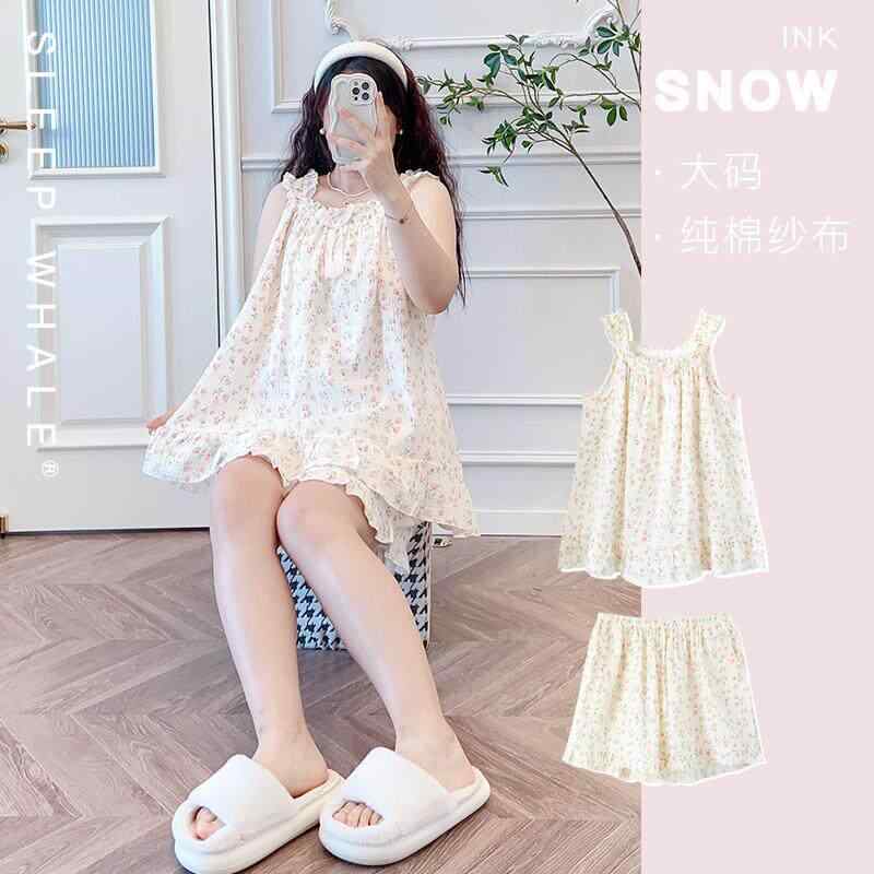 パジャマセット レディース 夏用 大きいサイズ 綿 ガーゼ かわいい キャミソール ショーツ ルームウェア 部屋着 軽量 通気性 吸湿速乾 韓国スタイル ビッグシルエット ピンク系・カテゴリ: 寝間着・スタイル: 甘美・柄: 花柄・主な素材...