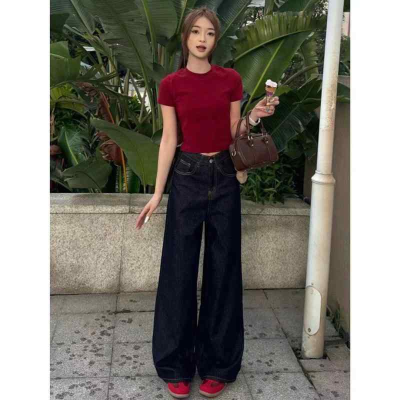 レディース ワイドレッグ デニムパンツ レトロ ネイビー フィット ストレート ロング丈 落ち感 カジュアル 秋用 デニム素材 日常使い ゆったりシルエット・スタイル: ワイドレッグパンツ・ウエスト位置: 高腰・カラー展開: ダークブルー・...