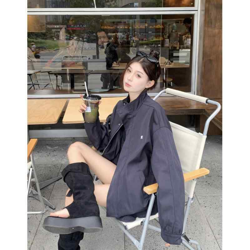 ジャケット レディース ネイビー 立襟 長袖 春 ビンテージ アメリカン 野球風 ゆったり ジッパー フィット アウター コート 上着 トップス 軽量 伸縮性 吸湿速乾 通勤 普段使い カジュアル・・シルエット: ・要素: ジッパー.ポケッ...