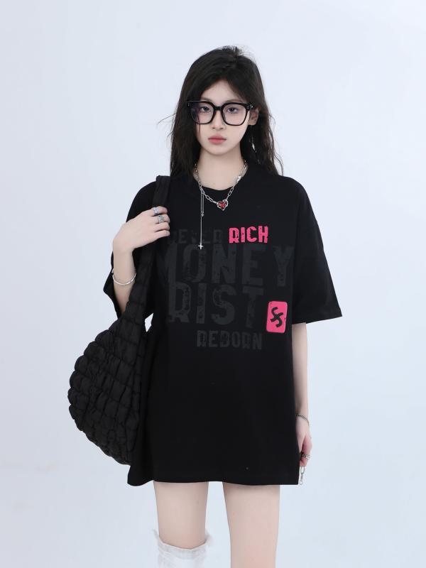 レディース 短袖 Tシャツ アメリカン レトロ コントラストカラー 英字プリント ゆったり トップス カジュアル ストリートファッション 春夏 吸湿速乾・スタイル: ストリート.ユニセックス・ネックライン: クルーネック・柄: プリント・カ...