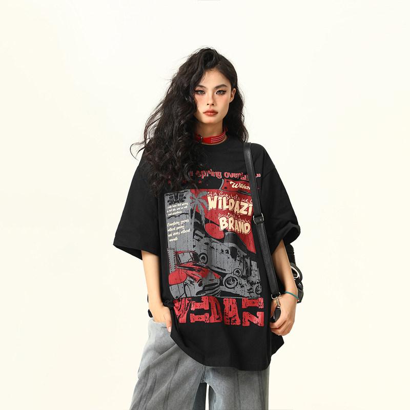 短袖 Tシャツ メンズ レディース 夏用 レトロ アメリカンスタイル プリント グラフィック ストリートファッション カジュアル トップス コットン 素材 吸湿速乾 軽量 ビッグシルエット ユニセックス 普段使い・スタイル: ストリート・版...