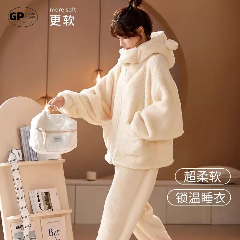 パジャマ 女性用 秋冬 厚手 コーラルフランネル 保温 フード付き ルームウェア セット かわいい 柔らかい 暖か素材 部屋着 寝間着 リラックス ゆったりシルエット ホームウェア・スタイル: 甘美・パンツ丈: ロング・素材: 珊瑚フリース...
