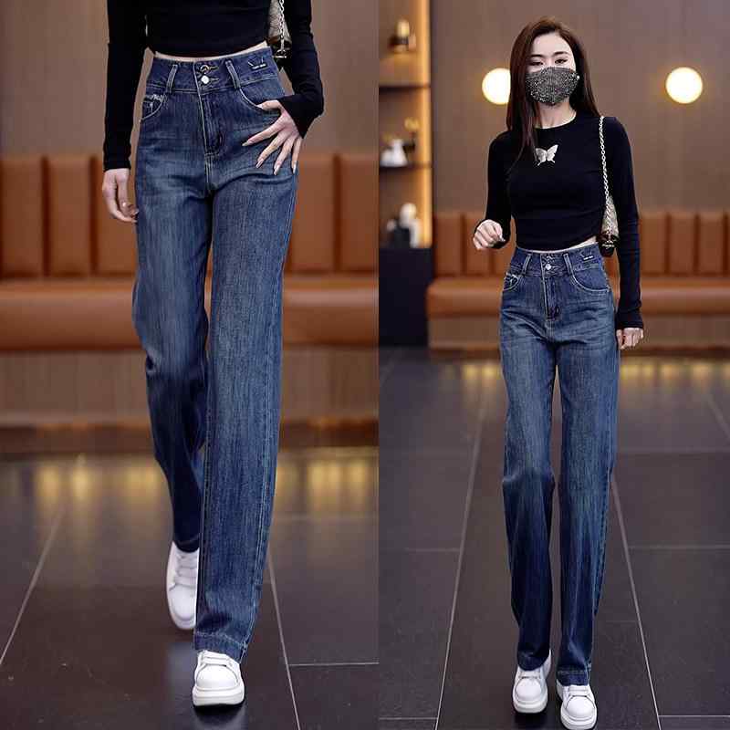 レディース デニムパンツ ハイウエスト ワイドレッグ フィット ストレート レッグ ロング丈 スリムシルエット 大きめ サイズ ゆったり コットン混 ストレッチ 普段使い 秋冬・カテゴリ: デニムパンツ・.簡約・スタイル詳細: ポケット・ウ...