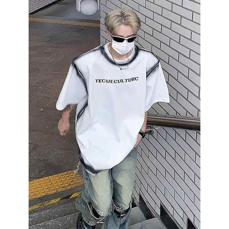 メンズ Tシャツ パッドショルダー 短袖 夏用 カジュアル ペア トップス アメリカンスタイル 軽量 吸湿速乾 ビッグシルエット ブラック ピンク系 アイボリー 通勤 普段使い アウトドア・フィット: ゆったり・ディテール: プリント.立体...