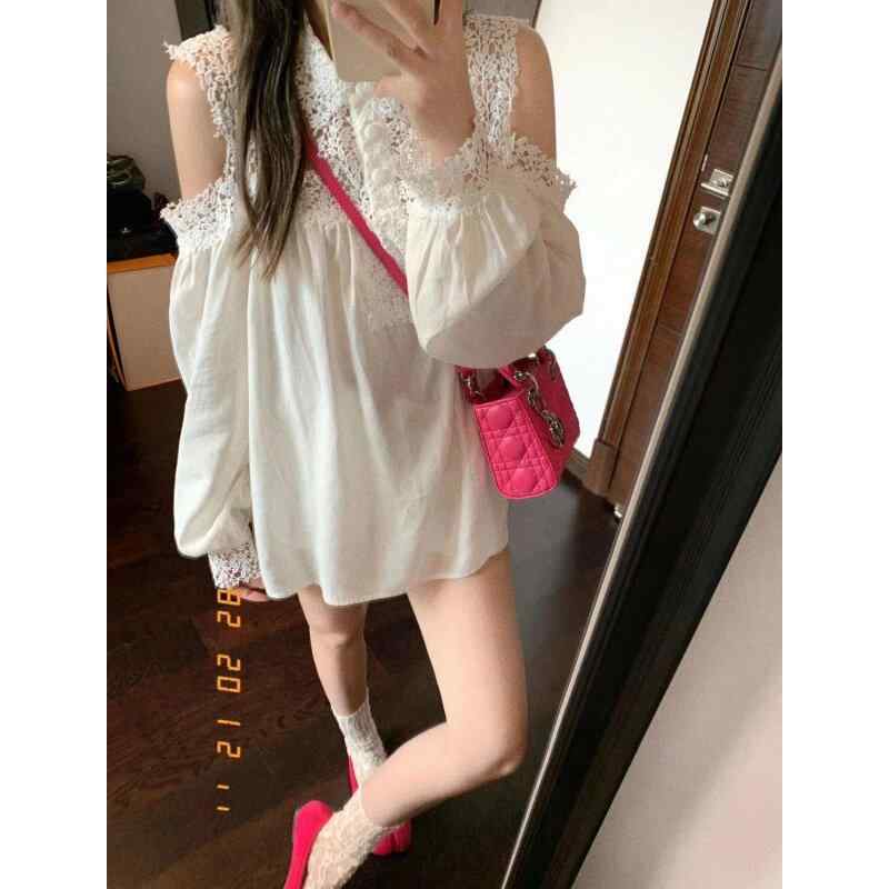 レディース 長袖 UVカット リネン ブラウス フレンチスタイル オフショルダー 肩出し レース フィット ホワイト 夏用 通気性 軽量 カジュアル・スタイル: 韓版通勤・シルエット: ストレート・袖丈: 長袖・着丈: 普通・柄: 無地・首...