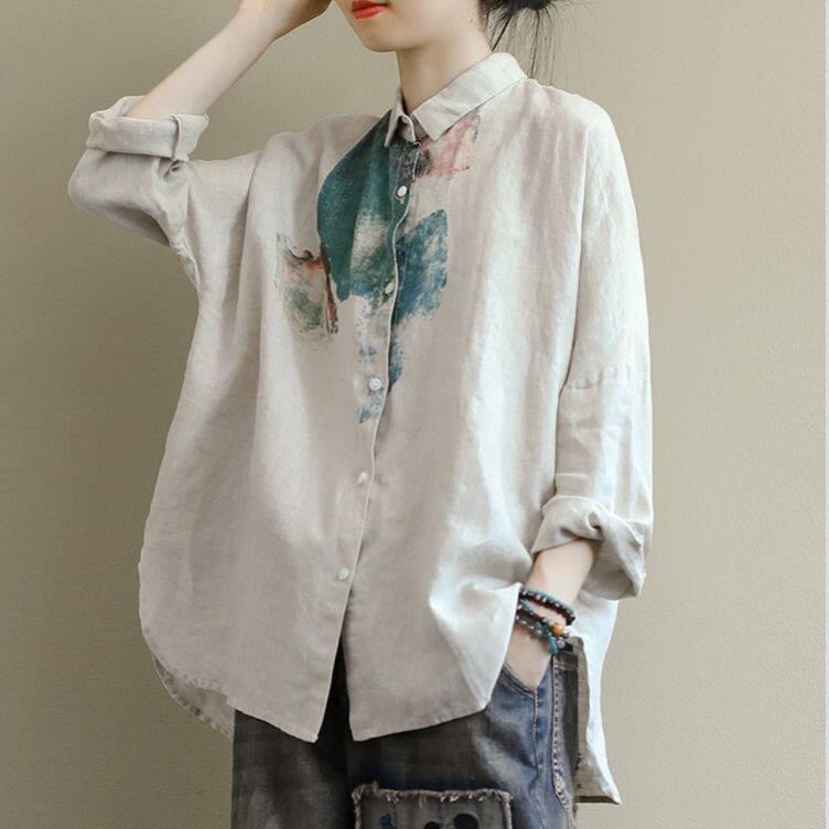 シャツ 長袖 リネン ゆったり レトロ 花柄 プリント スタンドカラー ボヘミアン カジュアル トップス コットン 麻 混紡 通気性 春秋 普段使い・柄: 無地・・ネックライン: POLO領・前開き: シングルブレスト多ボタン・カラー展開:...