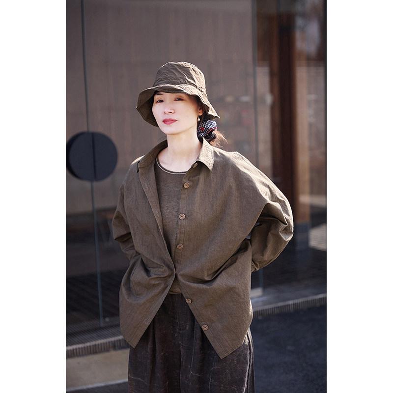 レディース シャツ 春 コットン リネン 生地 枯葉色 ゆったり ビッグシルエット 細見え トップス アースカラー 通気性 軽量 カジュアル 普段使い・.シンプル・版型: ゆったり・スタイル詳細: 加工・主な素材: 綿89.5%.その他10...
