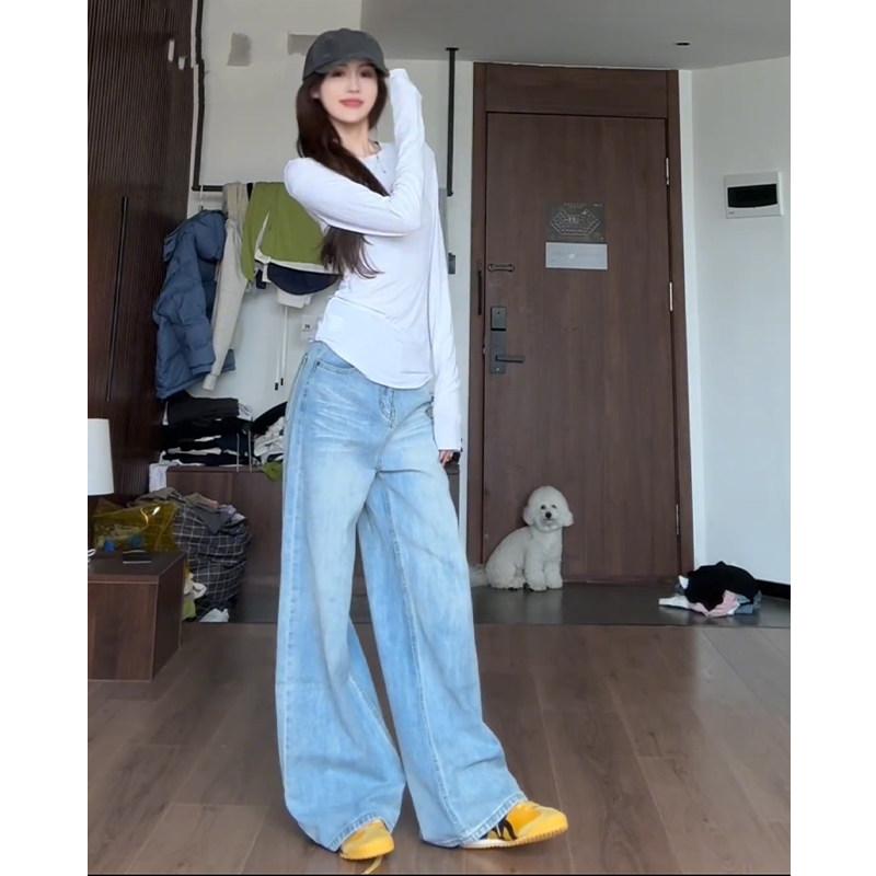 レディース ビンテージ ワイドレッグ デニムパンツ ライトブルー ストレート フロア丈 落ち感 カジュアル ボトムス 春秋 再生デニム ゆったりシルエット 通勤 普段使い・スタイル: ワイドパンツ・ウエスト位置: ハイウエスト・丈: ロング...