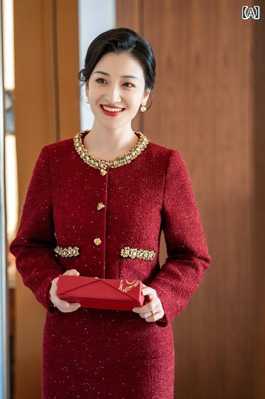秋冬 紫色 ママ用 ドレス セットアップ 高級感 洗練 ファッション コーディネート 軽やか 女性 フォーマル トップス スカート 組み合わせ・スタイル: 韓風・ネックライン: クルーネック・袖丈: 九分袖・スカート丈: 中長・適用シーン:...