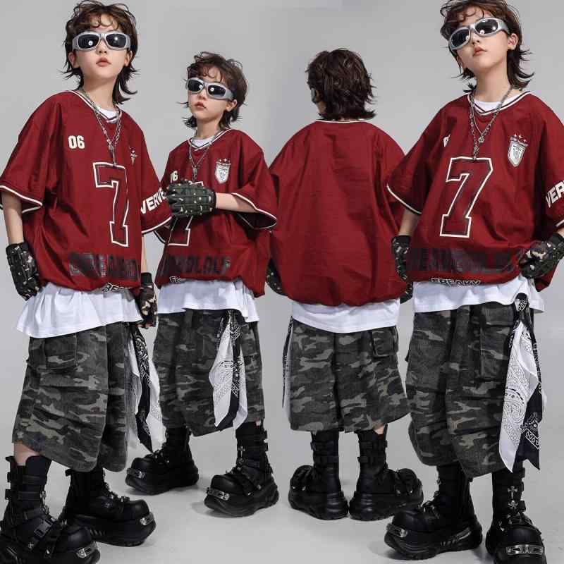 キッズ ヒップホップ ダンス衣装 男の子 女の子 夏用 ストリート スタイリッシュ パフォーマンス トップス ボトムス セット 軽量 伸縮性 吸湿速乾 クール コーディネート・主な素材: 綿・サイズ展開: 110.120.130.140.1...