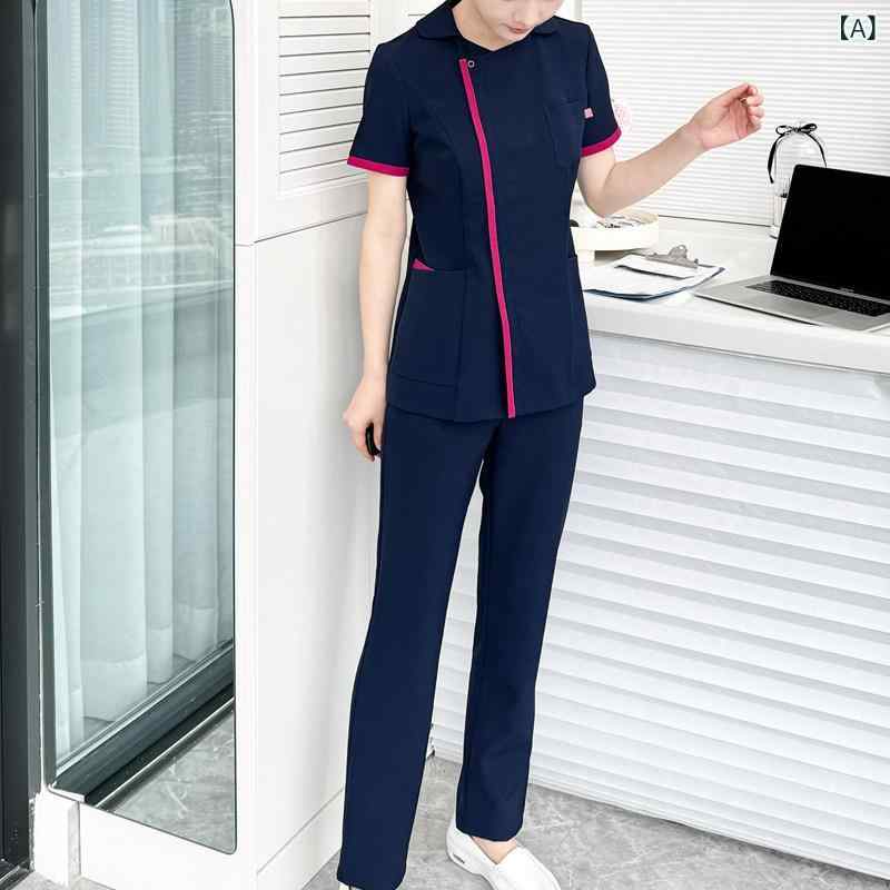看護服 女性用 夏用 短袖 高級感 韓国 ファッション 歯科医院 クリニック 歯医者 作業服 セパレート セット 通気性 快適 軽量・対象年齢: 25-35歳・サイズ展開: S.M.L.XL.2XL.3XL・カラー展開: ネイビー