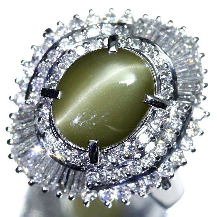 ■商品説明■ ◆安心の品質！！！【日本宝石科学協会】発行ソーティング付き！！！ 豪華絢爛！！！ 上質クリソベリルキャッツアイ 大粒3．35ctと、上質ダイヤモンド 総計1．63ctを贅沢に宝飾した、超高級リングをご紹介いたします！！！ 艶や...