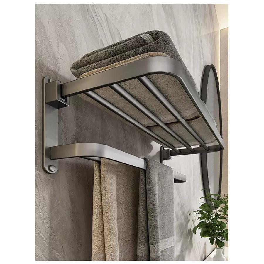バスルームシェルフ タオル掛け タオルレール壁掛けバスタオルラック、フック付きダブルタオルレールシェルフステンレススチールタオ 堅牢性?耐久性 50kgの耐荷バスルームシェルフ タオル掛け タオルレール壁掛けバスタオルラック、フック付きダブ...