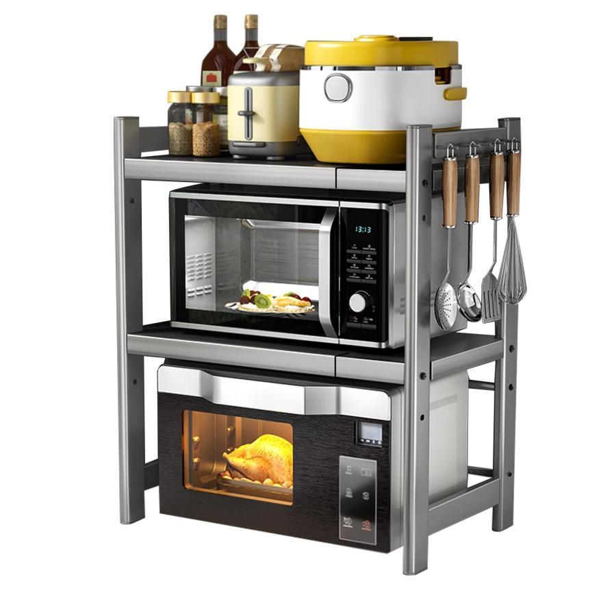 オーブンレンジラック キッチン収納ラック、ガンメタルグレー レンジ上ラック 電子レンジラック レンジ台、ダブルレイヤーステンレス鋼の電子レンジのオーブンラオーブンレンジラック キッチン収納ラック、ガンメタルグレー レンジ上ラック 電子レンジ...