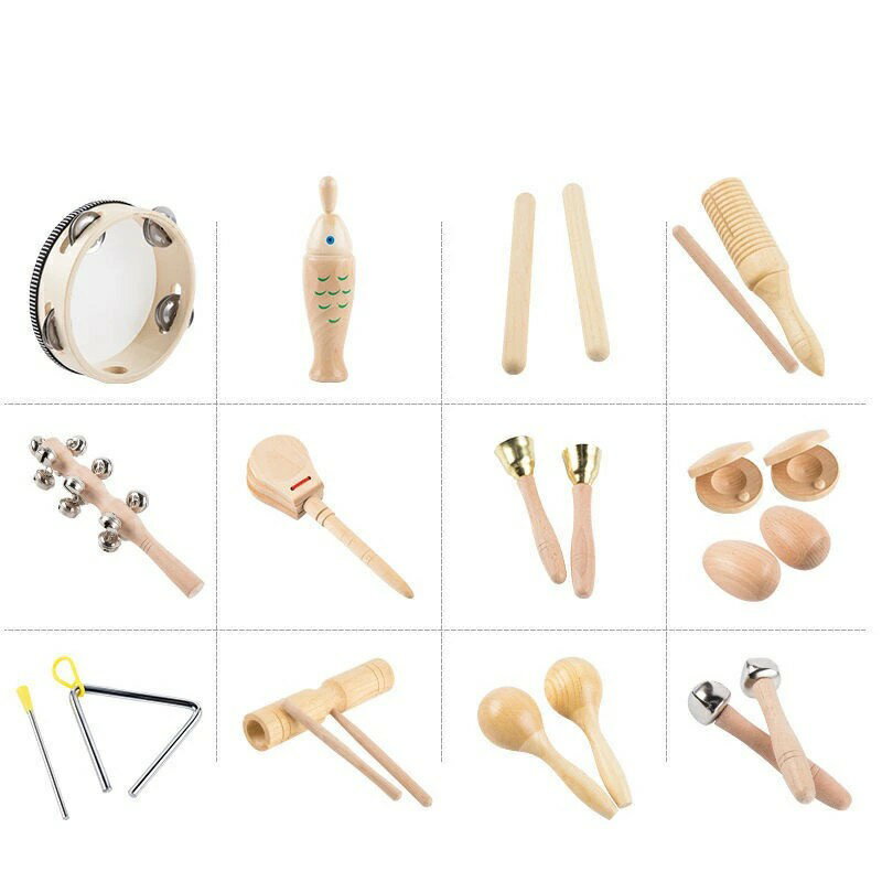 セット内容： タンバリン*1 ウッドブロック*1 トライアングル*1 ハンドベル*1 ハンドタンバリン*1 カスタネット*1 マラカス*1 木魚*1 エッグシェイカー*1 ウッドブロック仕様2*1 ハンドルベル*1 リズムスティック*1 ス...