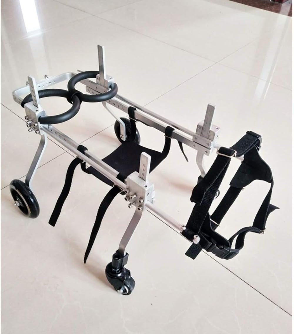 4つの丸い犬の車椅子：XXS、XS、XS（拡大）、S、M、5サイズがあり、体重の異なるさまざまな動物の品種に適しています。ペットトロリーのフレームは航空宇宙産業向けのアルミニウム製で、軽くて環境にやさしいです。タイヤベアリング精密、耐摩耗ミ...