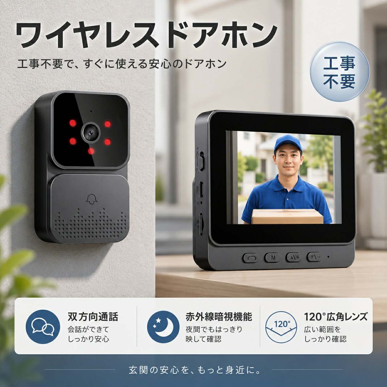 商品情報商品情報カメラ：500万画素（120°広角レンズ搭載）接続方式：Bluetooth機能：赤外線暗視、自動録画/撮影、双方向通話電源：USB充電式（省エネ設計）付属品：取付金具、充電ケーブル（本製品には充電用アダプターは付属しておりま...