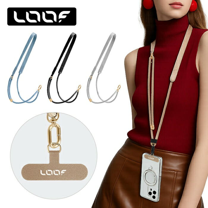 商品名 LOOF スマホストラップホルダー 本体サイズ 【スリム使用】 [ストラップ] 最短時：約40cm 最長時：約77cm 太さ：約6mm [パッチ] 縦：約46mm 横：約58mm [カラビナ] 幅：約4mm 【ワイド使用】 [ストラ...