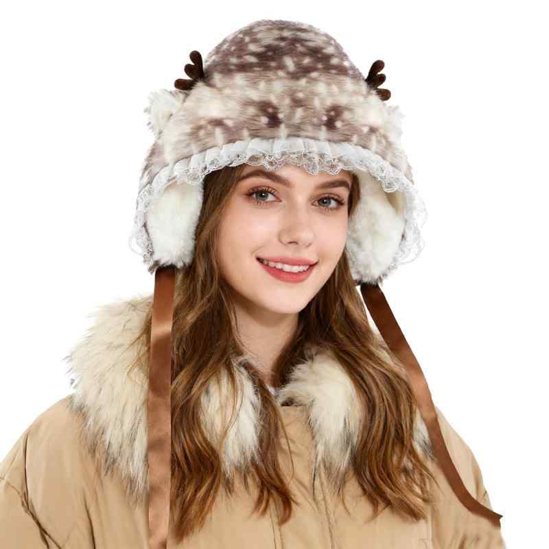 [IPENNYE] トナカイ 帽子 着ぐるみ ビーニー帽子 鹿耳 レース ふわふわ かわいい ヘッドドレス ヘアアクセサリー 防寒 かぶりもの トナカイハット レディース コスプレ 仮装 クリスマス キャッ【素材】ポリエステル サイズ：頭周...
