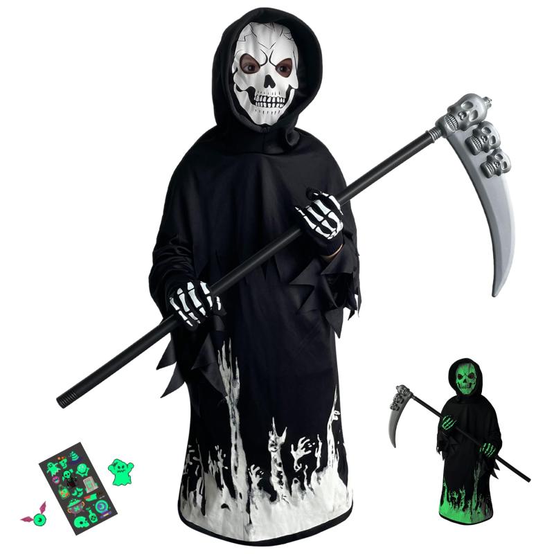 [GOKEI] 死神 コスプレ 3点セット 蛍光効果 ハロウィン 仮装 キッズ コスチューム 【ローブ マスク かま 手袋】 骸骨 お面 ホラー 変装用 衣装 死神コス 鎌 小道具 コスチュームセット お化け