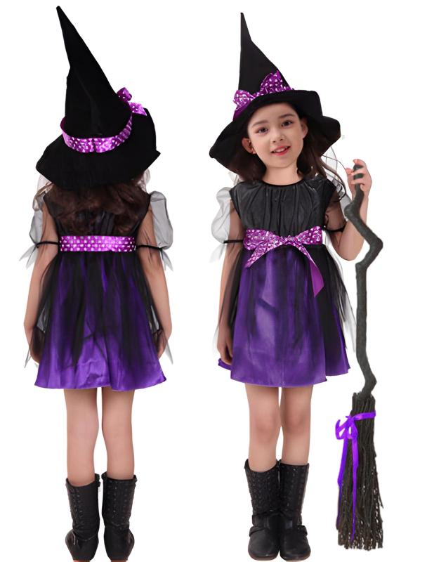 [ニューキング] ハロウィン コスプレ 子供 魔女 ドレス+帽子+ベルト三点セット 女の子 仮装 キッズ 衣装 90/100/110/120cm対応ハロウィンコスプレ衣装魔女服3点セット：まじょドレス+帽子+リボンベルト素材：ポリエステルハ...
