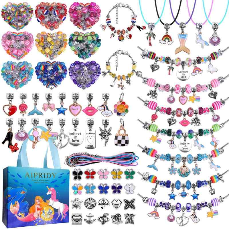 AIPRIDYチャームブレスレット製作キット、女の子DIY工芸品、ユニコーンマーメイド工芸品ギフトキット、6-12歳の女の子に適した工芸品多彩な生活：この美しいプリンセス魔法のギフトボックスがあれば、9種類の異なる色の欧風の大きなビーズがあ...