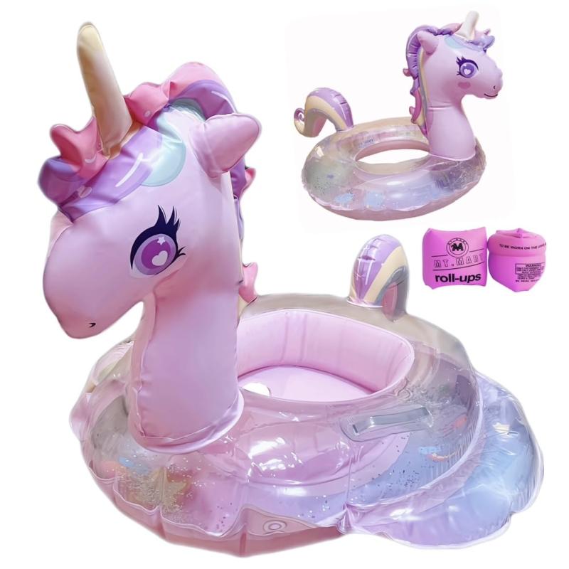 ユニコーン 浮き輪 子供用 ピンク プール用浮き具 海 膨らまし式 足入れ式 持ち手 アームリング付きキュートなユニコーンデザインお子様に大人気のユニコーンの浮き輪で、プールや海で楽しく遊べます。安全設計:小さなお子様でも安心して使える、ソ...
