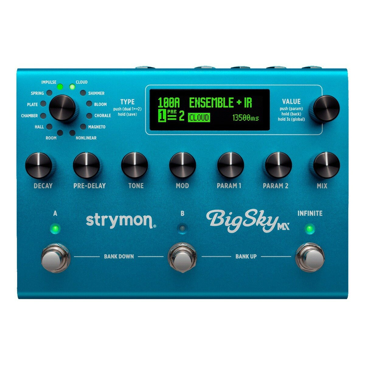 製品概要 リバーブペダルの新たな頂点がここに到来しました。BigSky MXは、3コア800MHz ARMプロセッサーによる強力な演算処理能力を生かした革新的なアルゴリズムデザインと、完璧な音響クラフトマンとの出会いによって、驚くほど新しい...