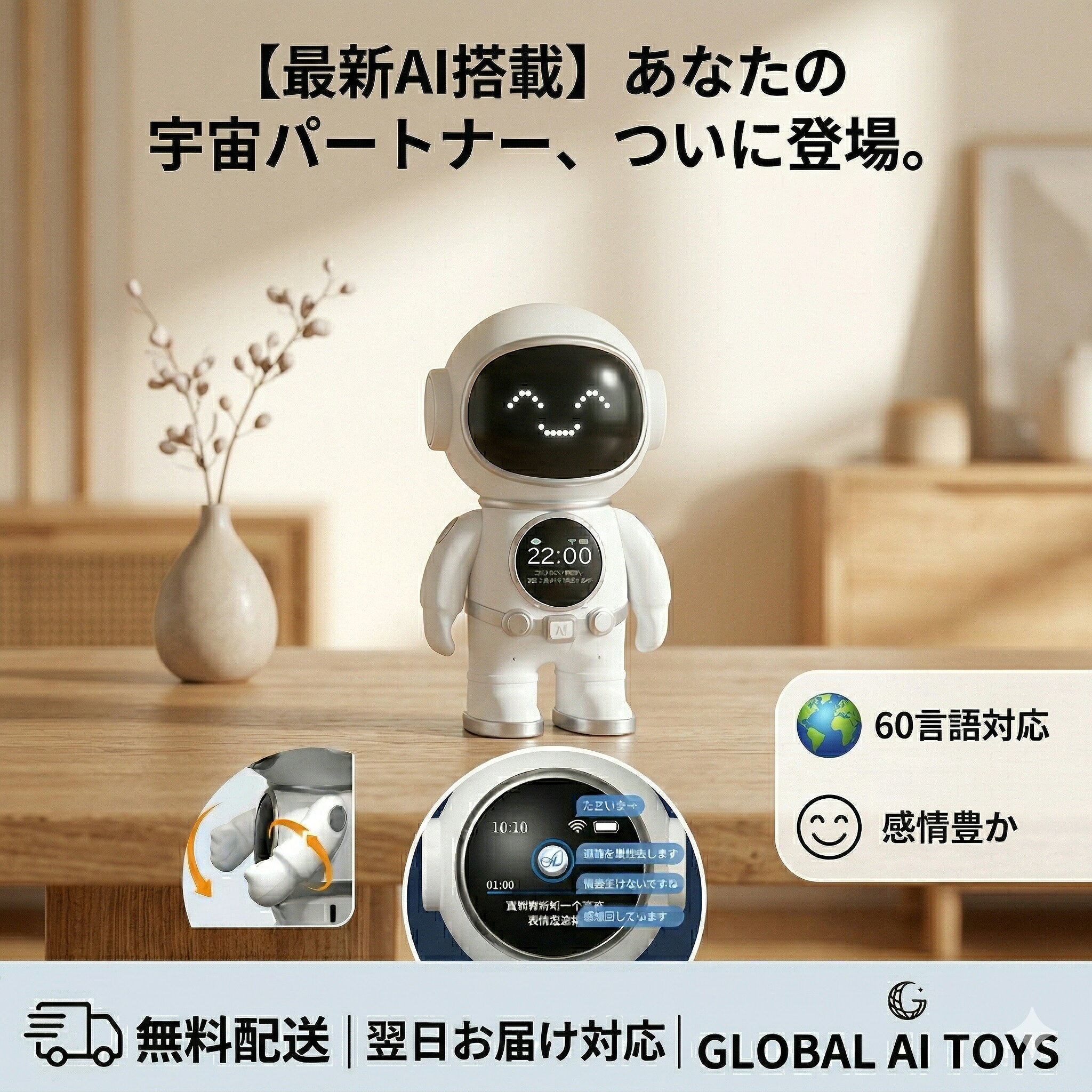 商品情報【高精度AI】ChatGPT対応・Whisper AI搭載で2秒高速応答【感情表現】生命感あふれる6つの表情でリアクション【便利機能】デジタル時計、天気予報、ナイトライト搭載【デュアル接続】Wi-Fi + Bluetoothスピーカ...