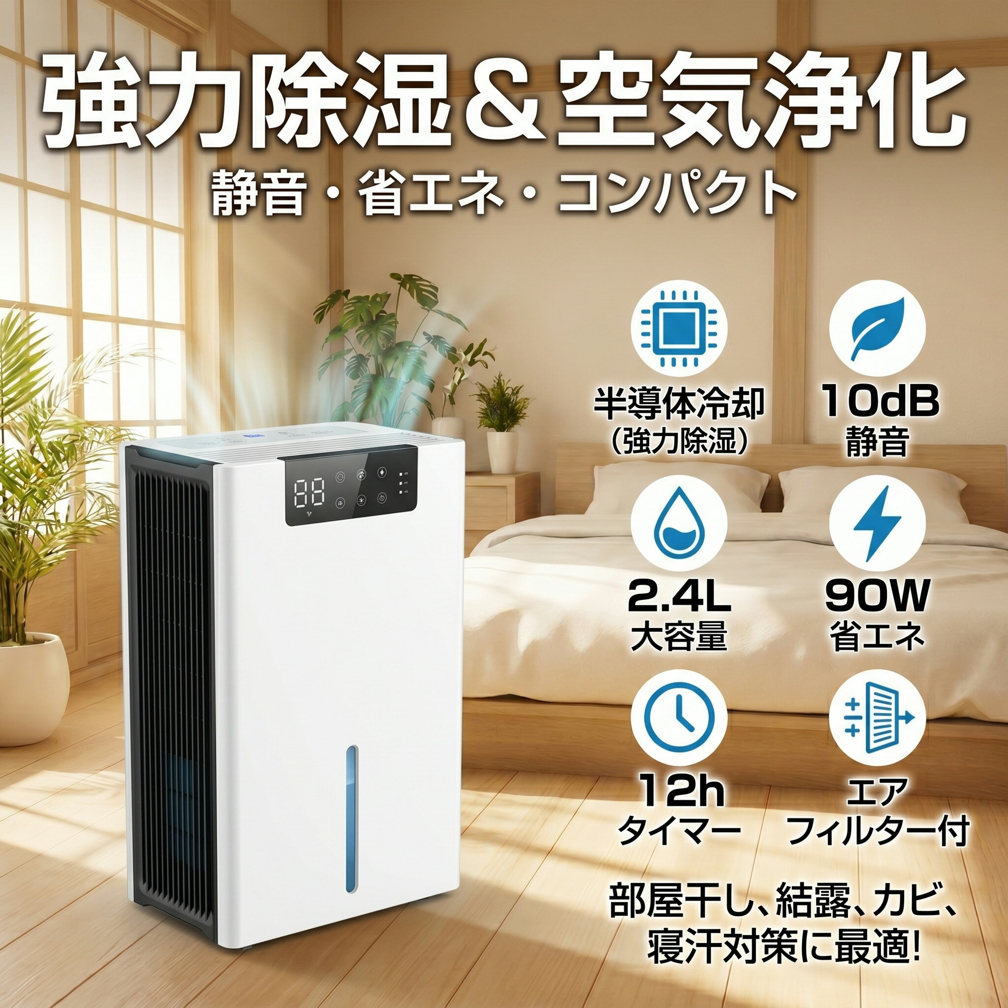 商品説明製品名多機能除湿器本体重量約2.6kg仕様カラー：ホワイト / グレー / ブラック定格消費電力：90W ±5%同梱品：除湿器本体・排水ホース・取扱説明書・フィルター本体サイズ：（幅×奥行き×高さ） 210mm × 140mm × ...
