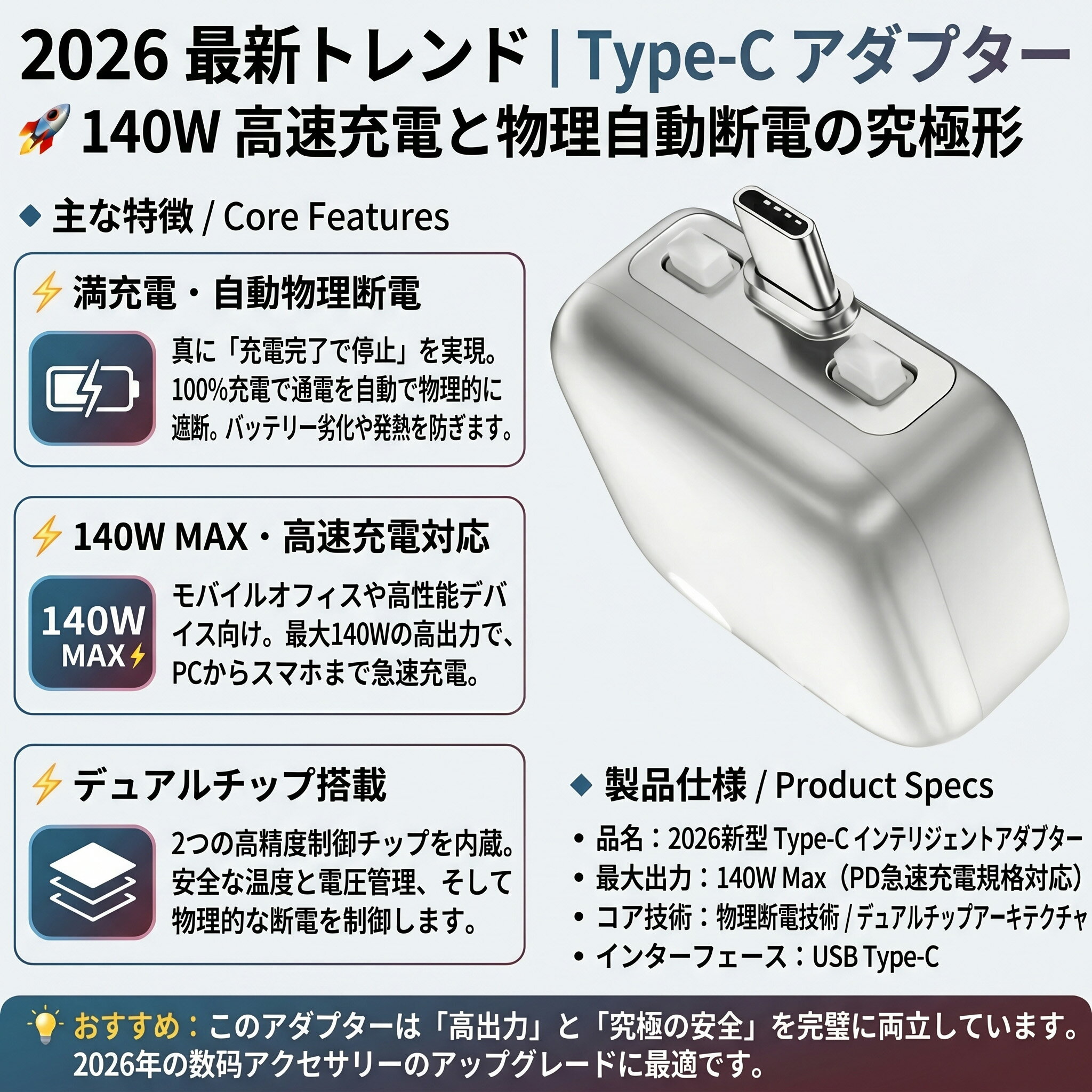 【2026年最新ガジェット】最大140W出力対応 / 急速充電対応 / 自動切断機能搭載 ＼ 満充電で自動ポップアップ！過充電を物理的に防ぐ次世代モデル ／ 自動ポップアップ切断機能付き Type-C急速充電アダプター デバイスのバッテリー...